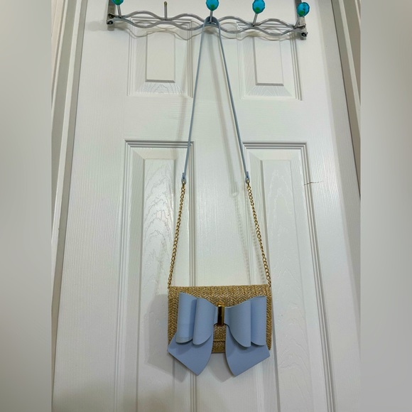 Bags | Light Blue And Straw Crossbody Bag With Bow | Poshmark